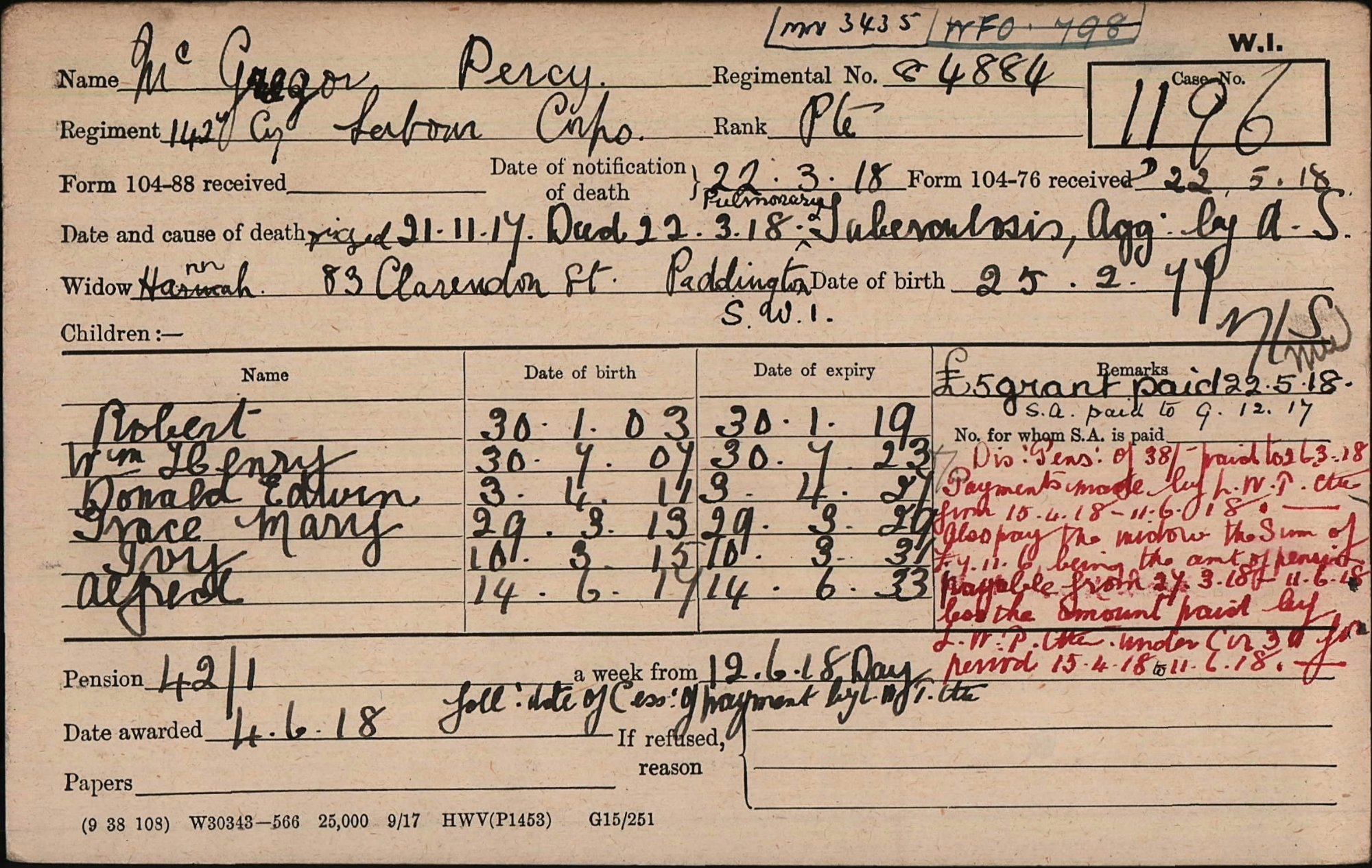 34719 Pte Percy McGregor Royal Fusiliers and Northamptonshire Regiment ...