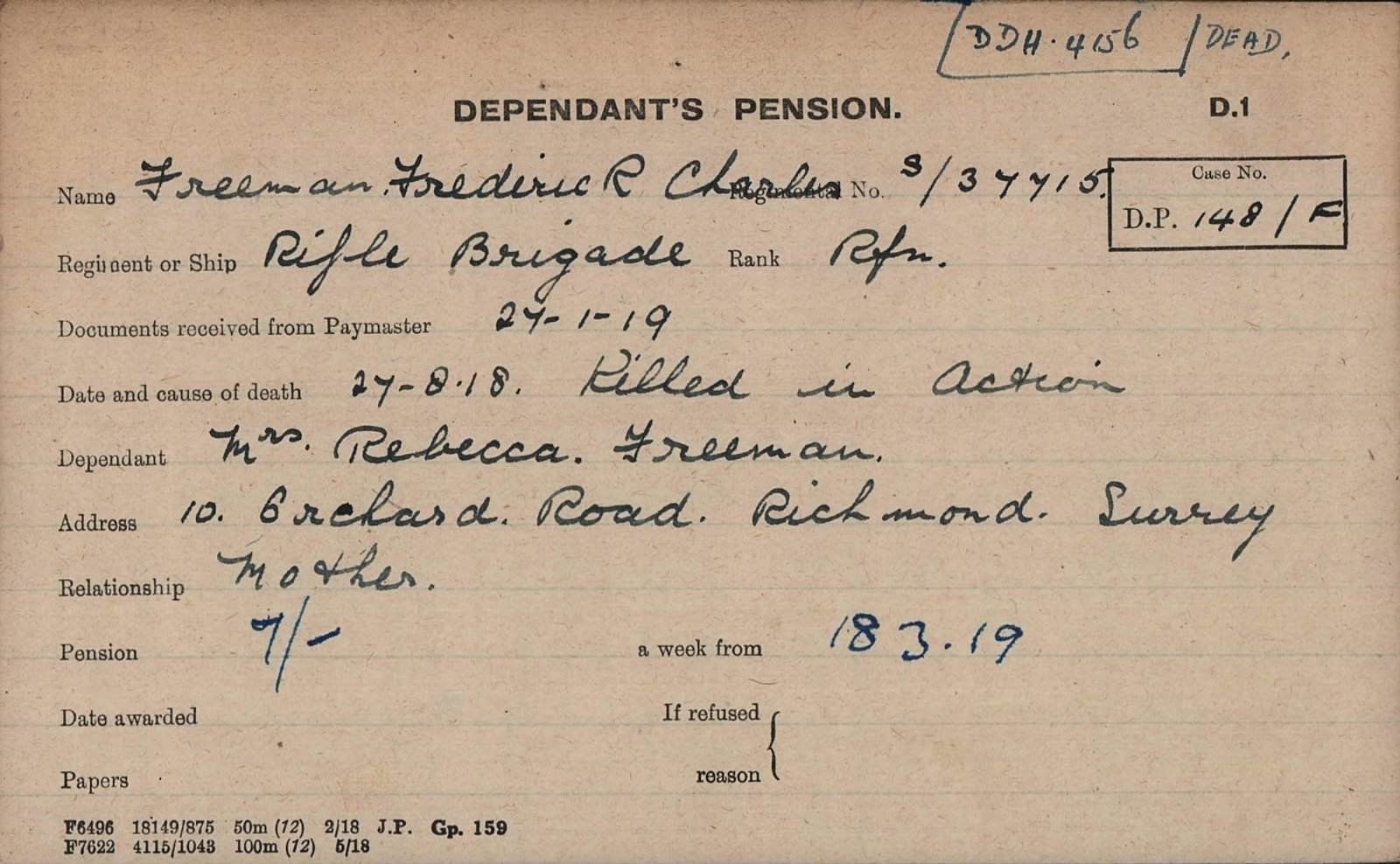 Frederick Charles Freeman - Soldiers and their units - The Great War ...