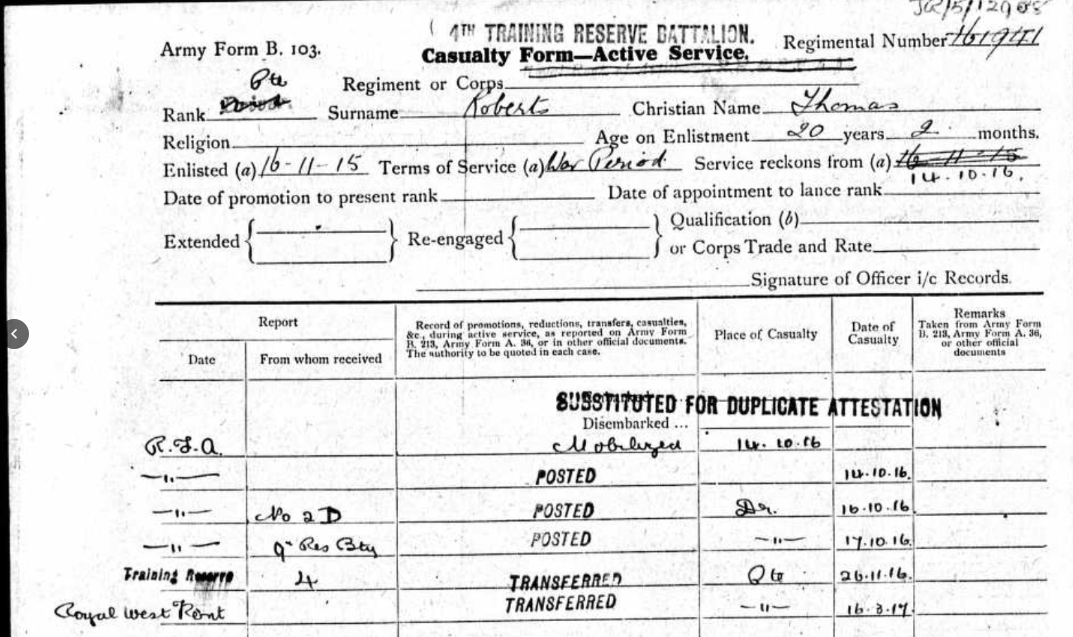 Interpreting WW1 army service record - help required please ...