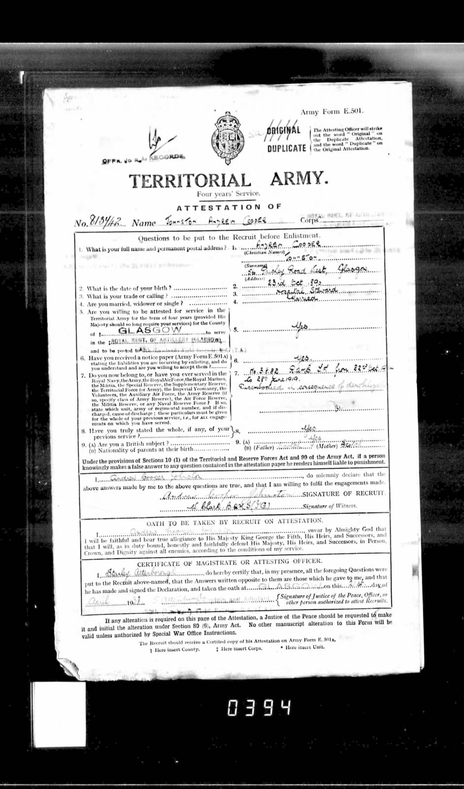 Andrew Cooper Johnston RAMC - Soldiers and their units - The Great War ...