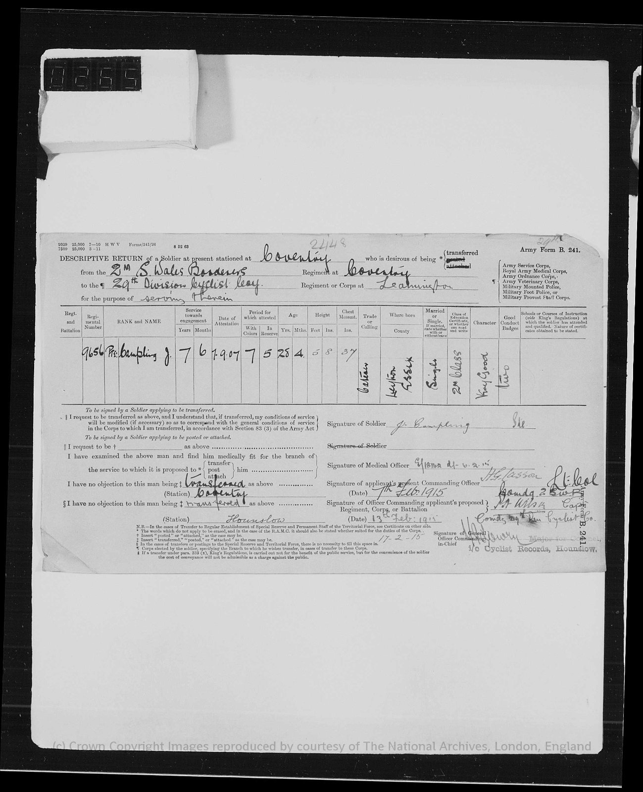 Form B 241 Descriptive return of a soldier ... desirous of being ...