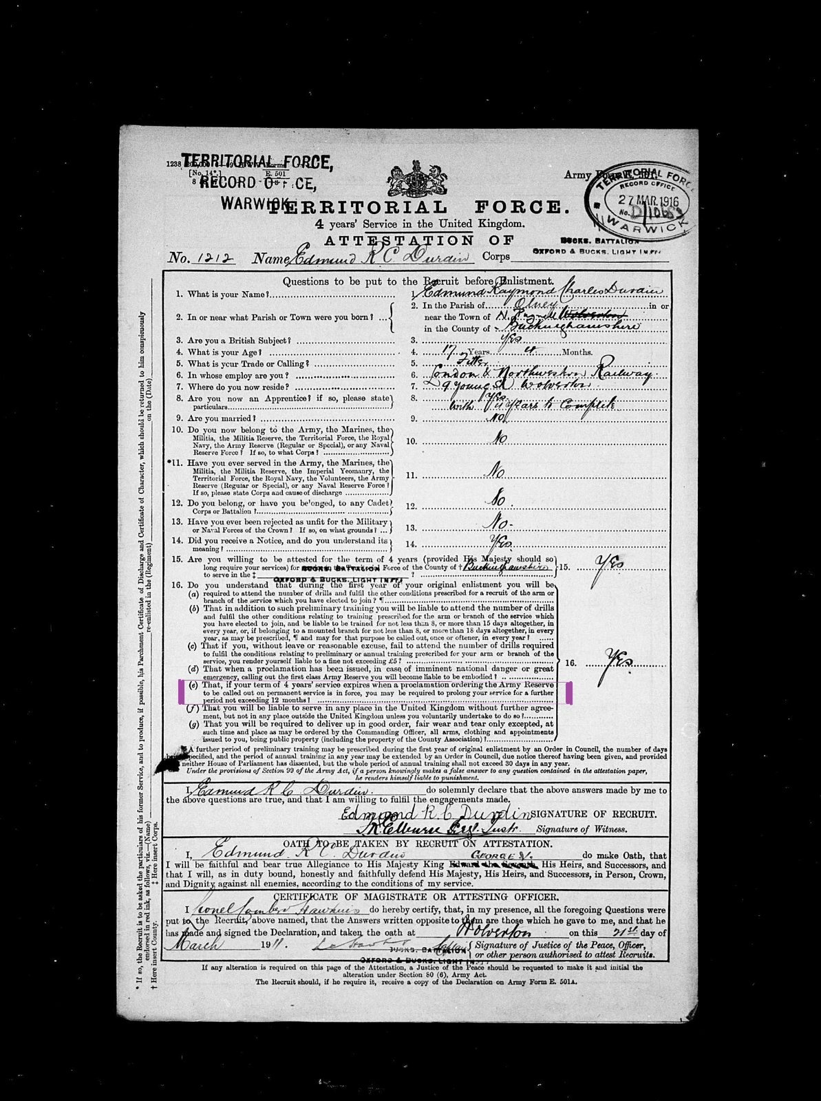 Edmund Raymond Charles Durdin/ Bucks Battalion 1911-16 no 1212 ...