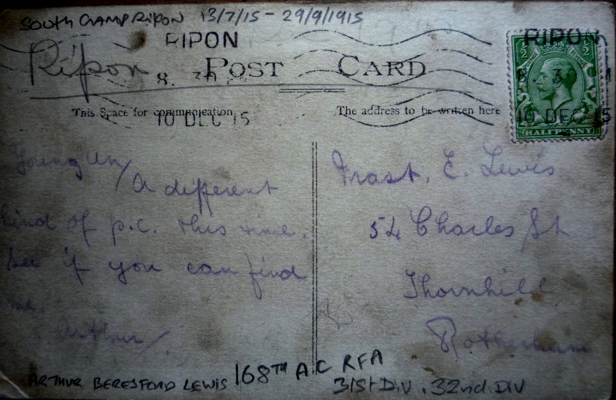 Arthur Beresford Lewis, 168th Brigade, Ammunition Column, R.F.A ...
