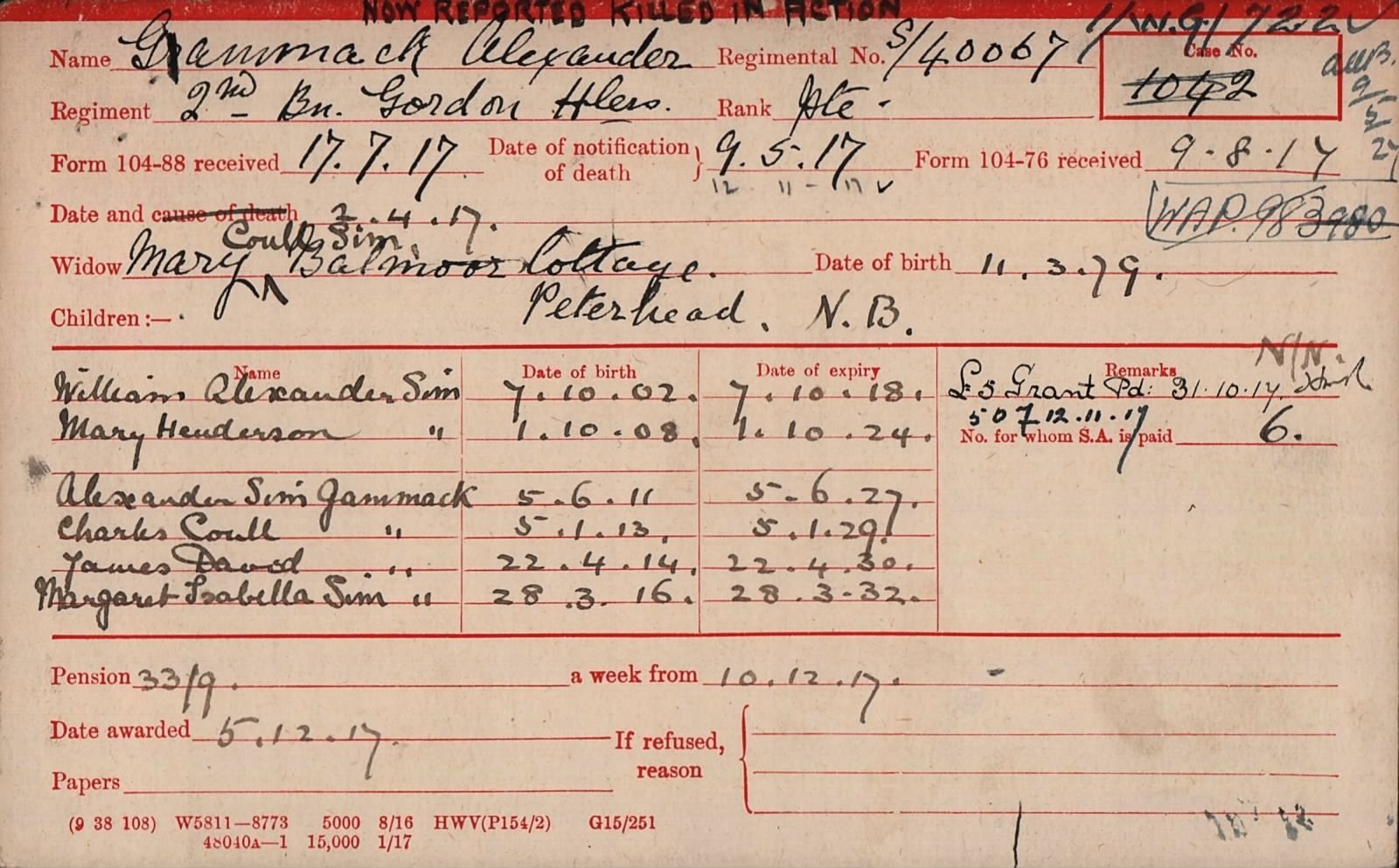 S/40067 Pte Alexander Gammack 2 GORDONS KIA 2 April 1917 - Soldiers and ...