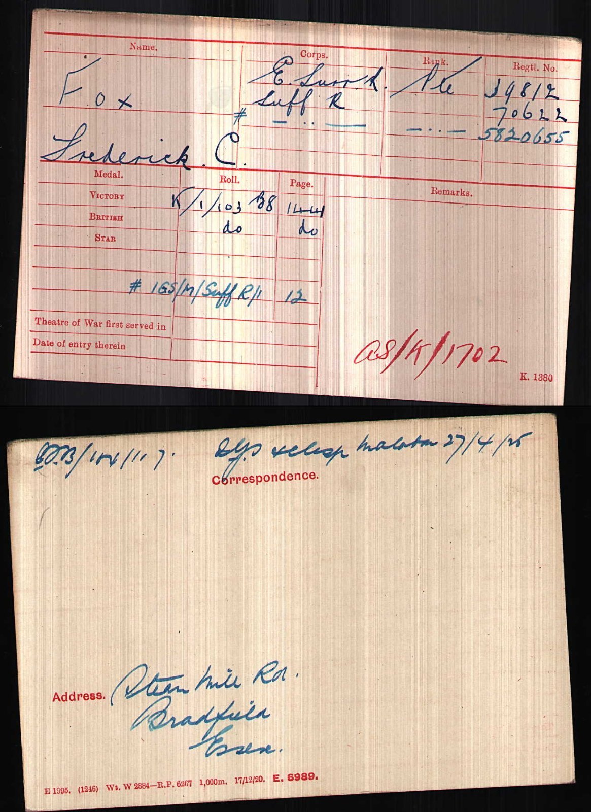 Medals Pte Frederick FOX - Medals - The Great War (1914-1918) Forum