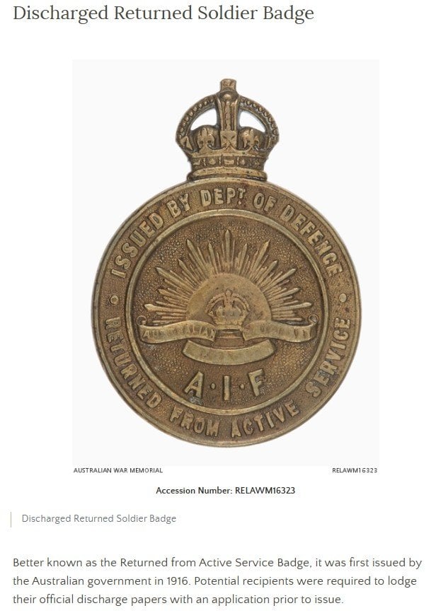 WW1 AIF Return from Active service Badge issued by Dept of Defence ...