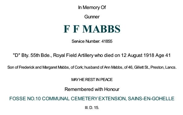 Gunner Frederick Francis Mabbs, born Cork, Royal Field Artillery ...