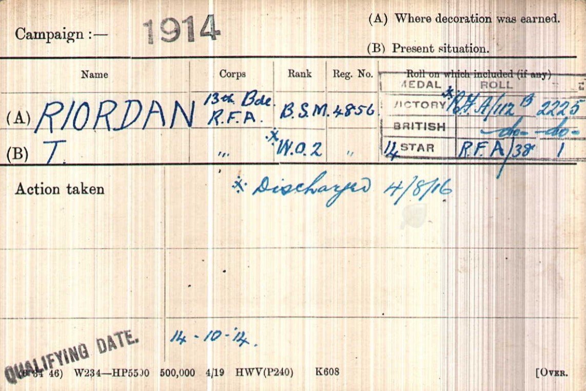 BSM Timothy Riordan, 4856, 44th Battery, 13th Brigade RFA - from Cork ...