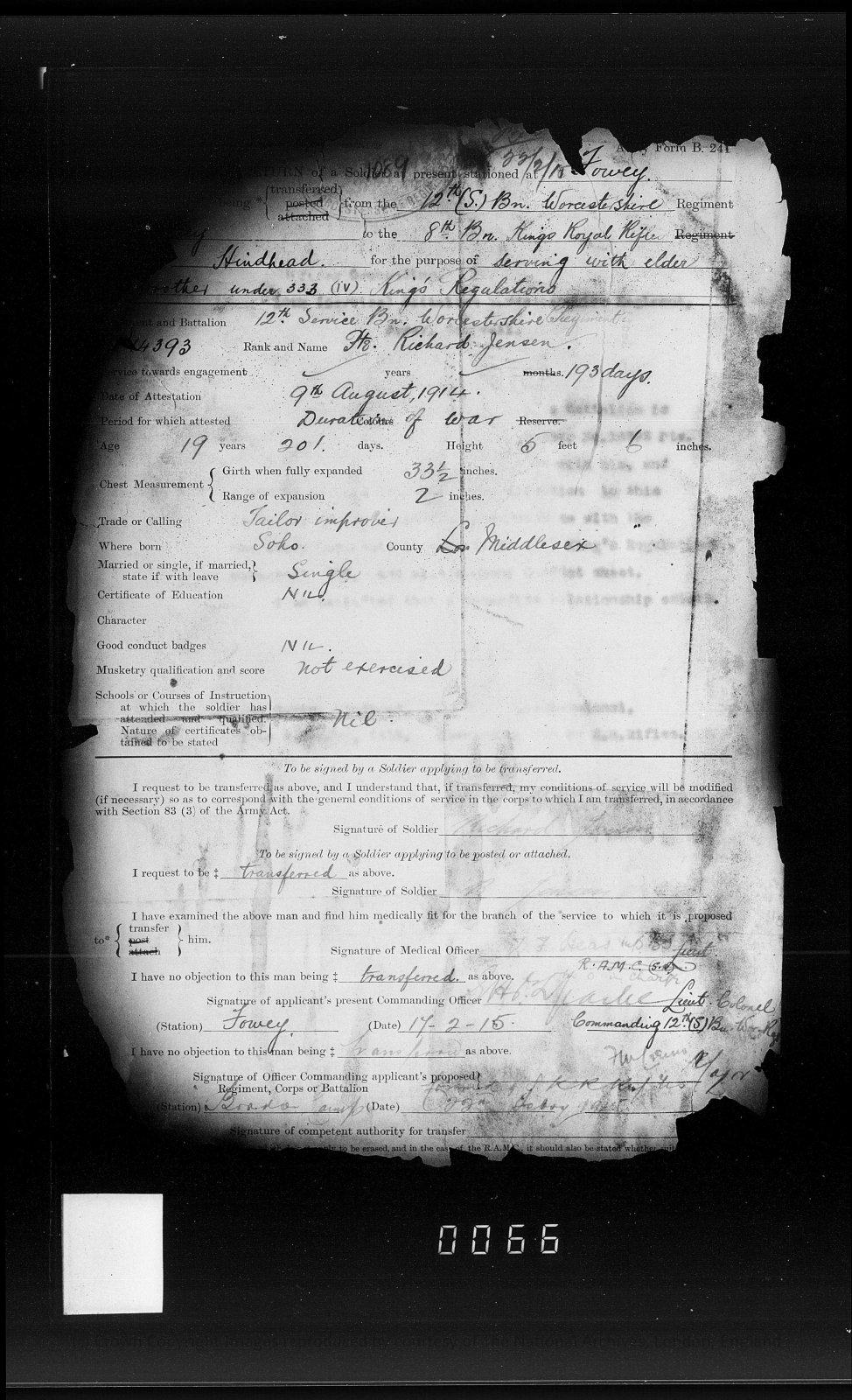 Form B 241 Descriptive return of a soldier ... desirous of being ...