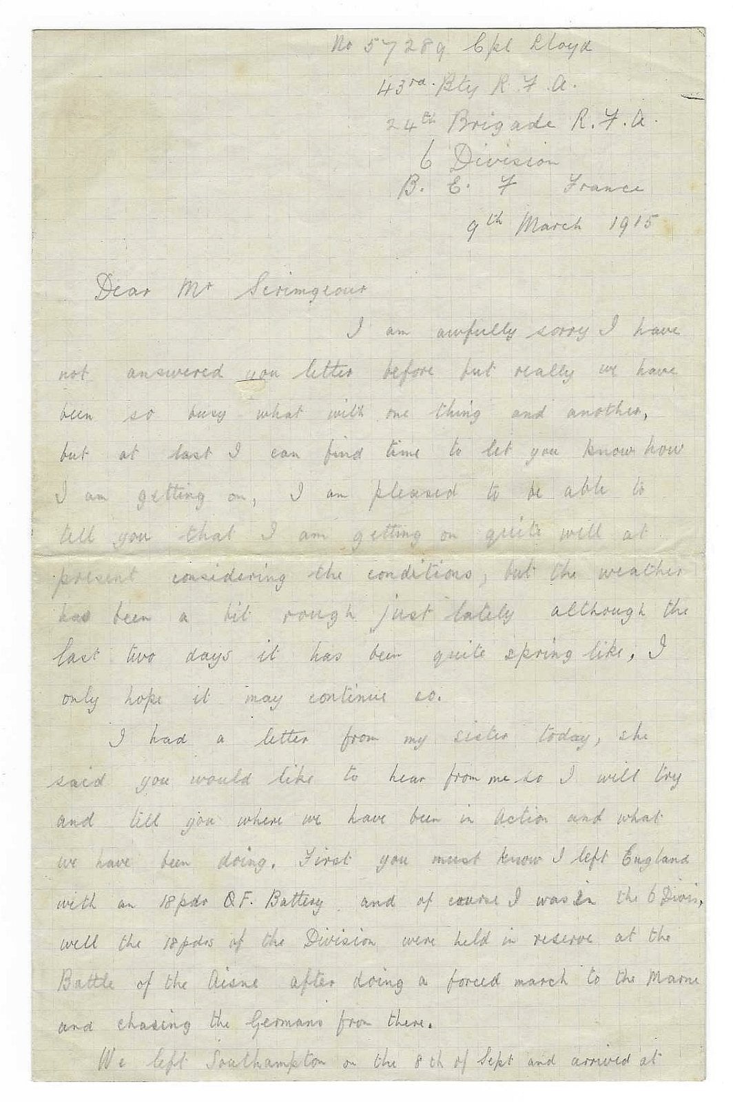 WW1 Era Letter Written by British Artilleryman In France. He writes of ...