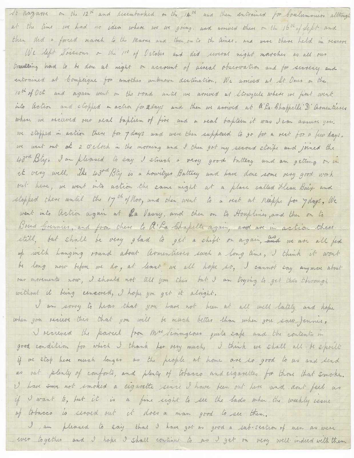 WW1 Era Letter Written by British Artilleryman In France. He writes of ...