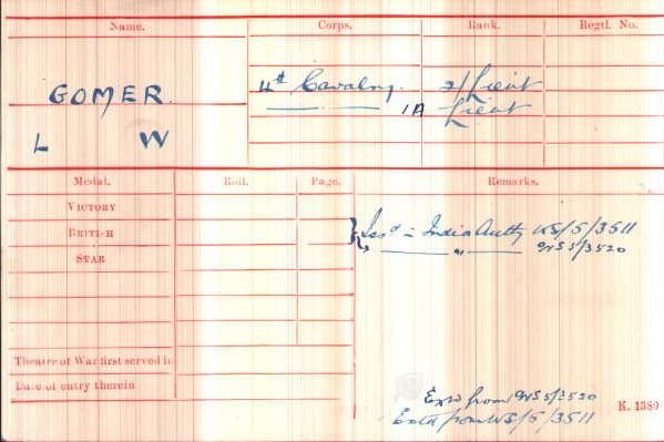 Lieut. L. W. GOMER, Indian Army: Request named Officer groups 4 Cavy ...