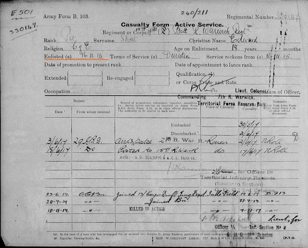 330147 Pte Edward Short The 15th Battalion Royal Warwickshire Regiment ...
