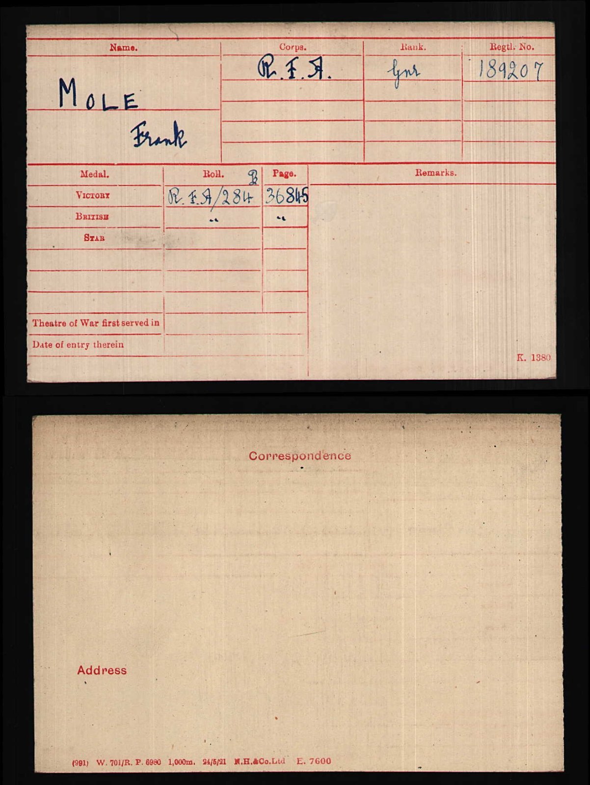 Frank Mole RFA - Soldiers and their units - The Great War (1914-1918) Forum