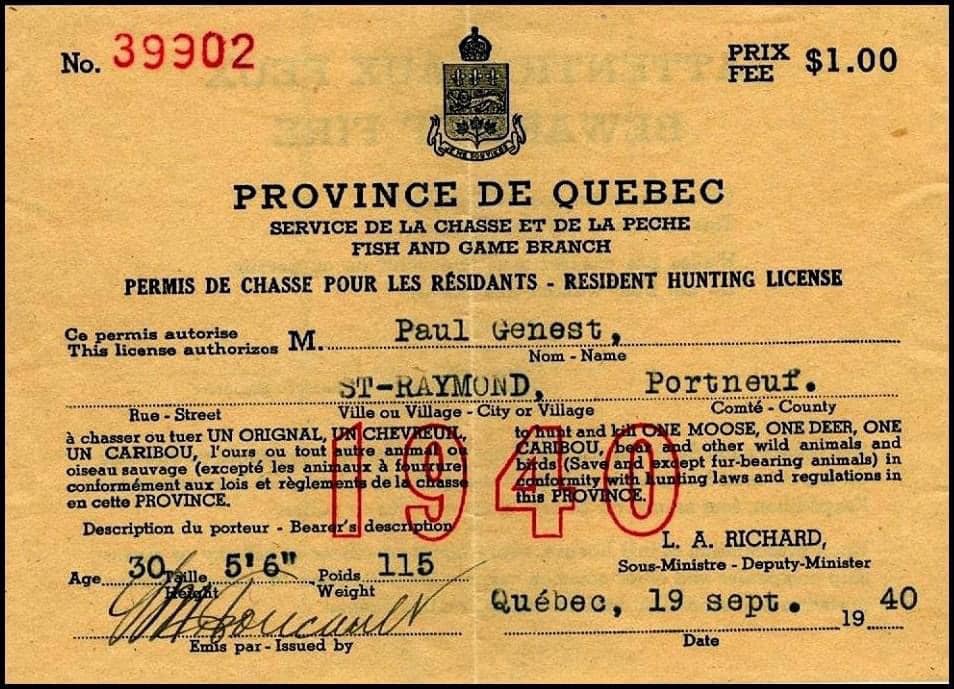 PERMIS DE CHASSE 1940 - Les chasseurs-pêcheurs du Québec - Pêche QC