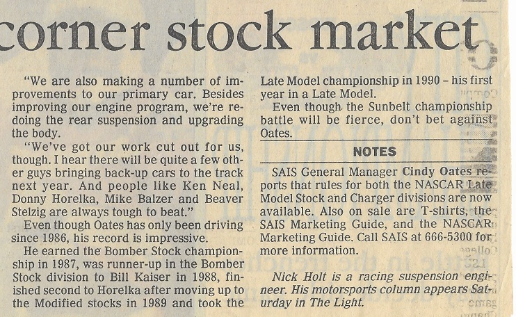 Jason Oates to shoot for NASCAR Sunbelt Championship in 1991, 12-8-90 ...