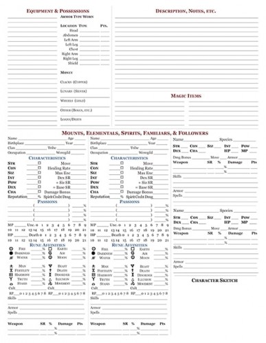 RuneQuest Roleplaying in Glorantha Character Sheet - Fantasy/Historic ...