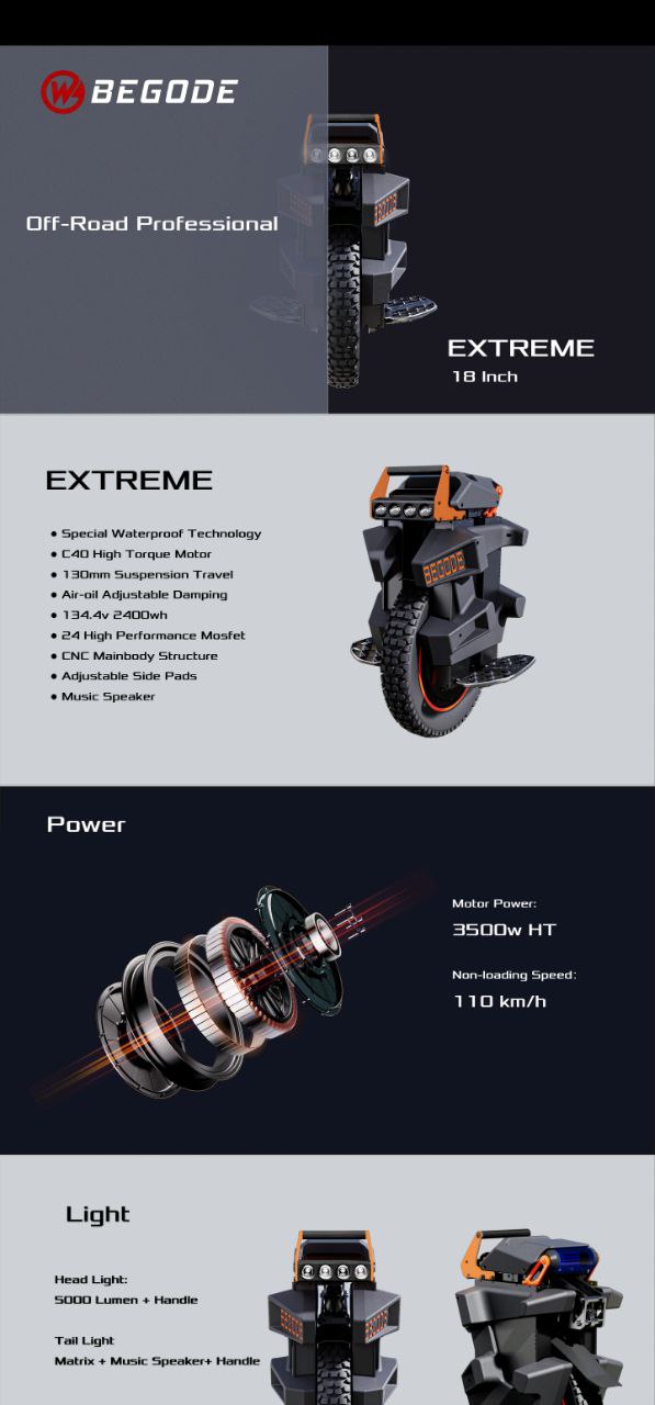 Begode Extreme 2400wh: 134V, 16", Suspension, 77lb - Begode (Gotway ...