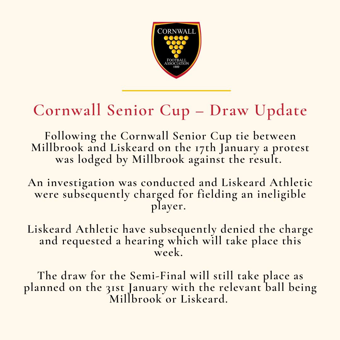 Senior Cup: FA Statement Re. Millbrook vs Liskeard - Walter C Parson ...