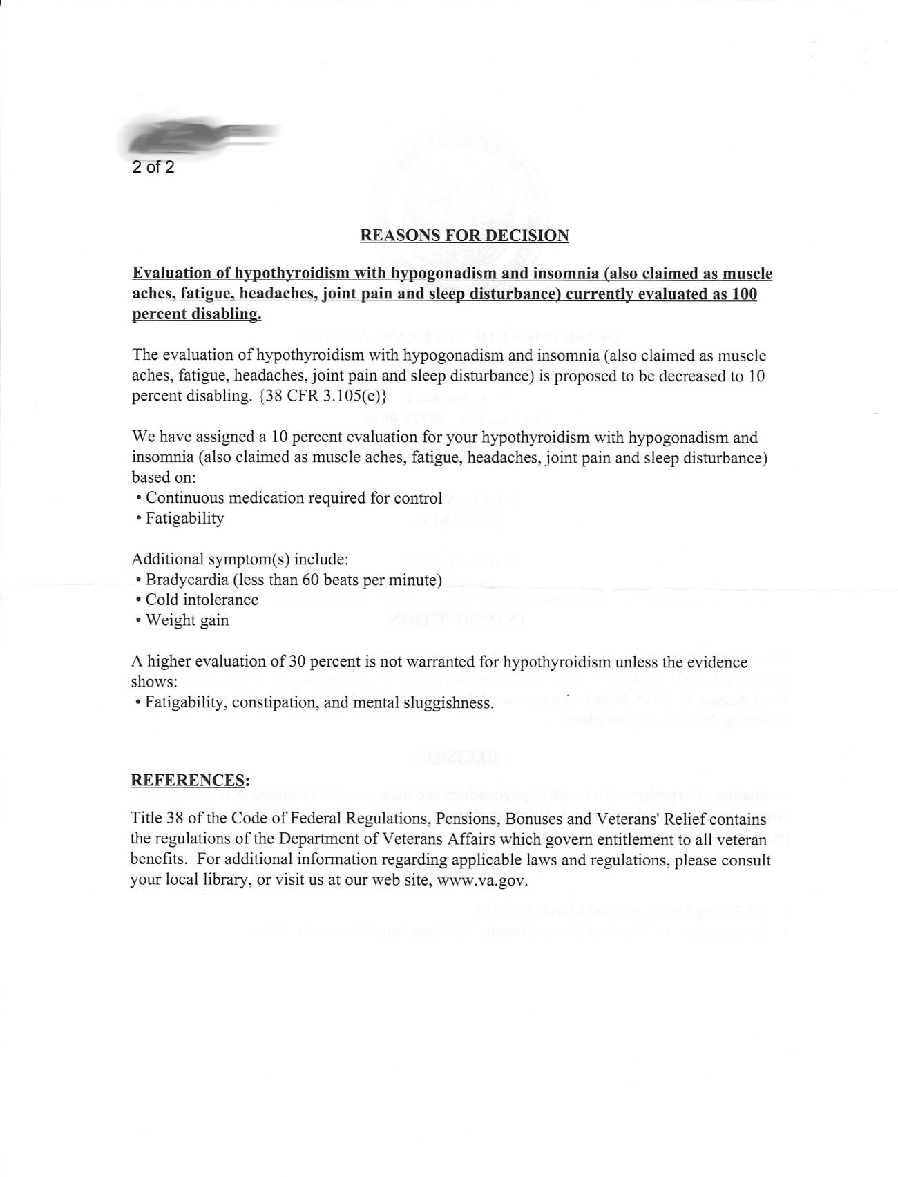 Rating Reduction from 100% to 10% - Entitlement - Veterans Compensation ...