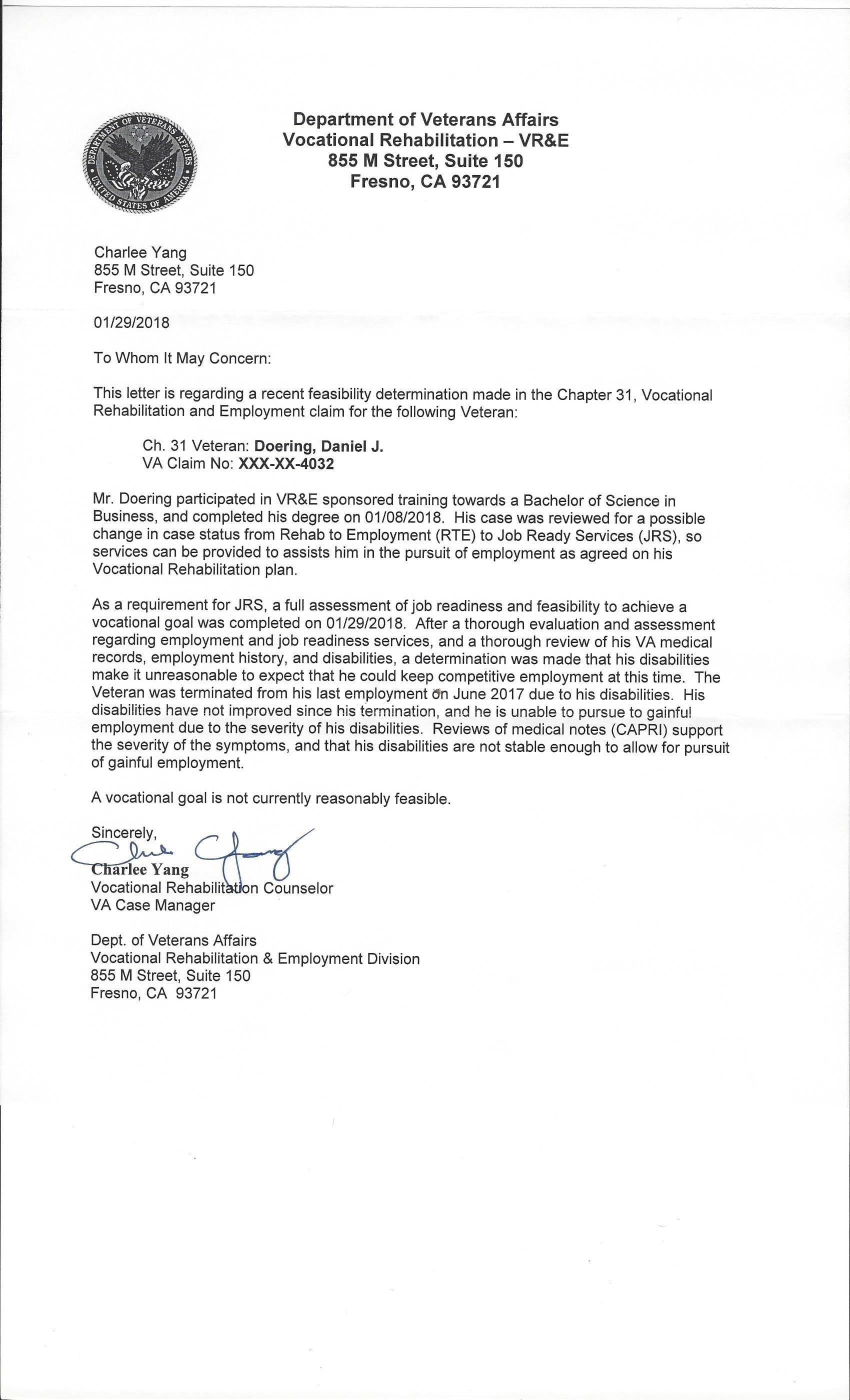 Feasibility Letter for IU Claim - TDIU Unemployability Claims - HadIt ...