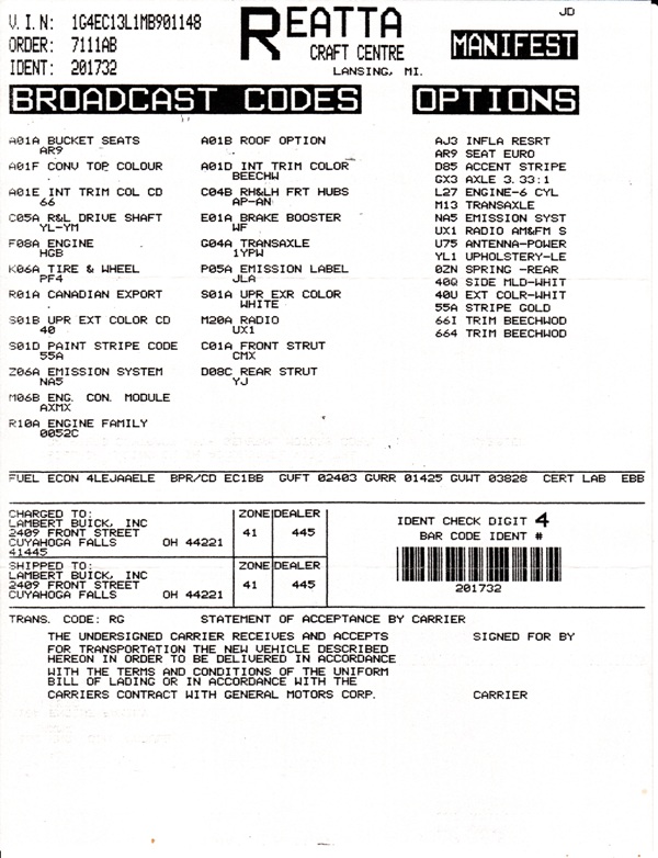 Build sheet - Buick Reatta - Antique Automobile Club of America ...
