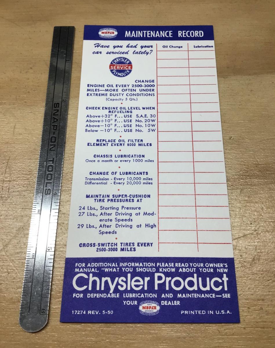 1950s MoPar Service Sticker - Chrysler Automobiles and Parts - Buy/Sell ...