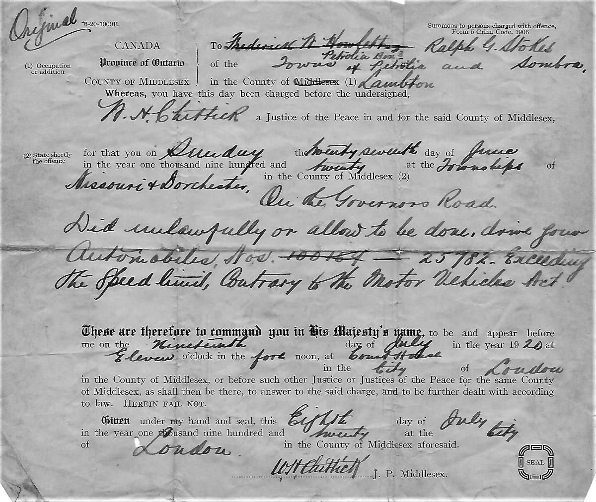 1920 Speeding ticket - Memorabilia, Toys, Art, Signs, Clothing and ...