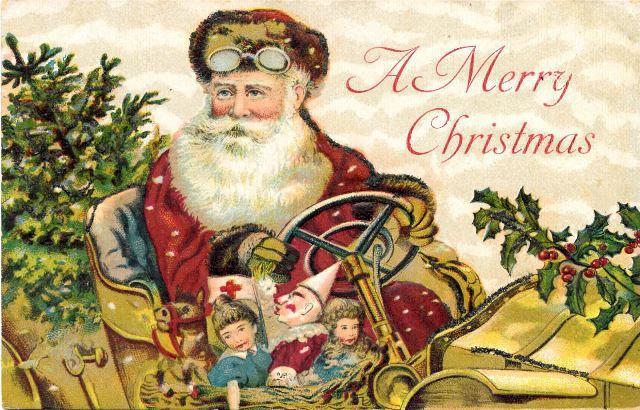Santa is driving a car on his rounds - images from my antique postcard ...