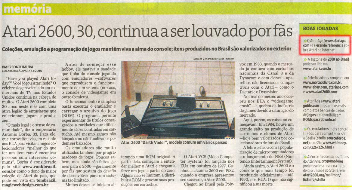Article on Brazilian Newspaper mentions TomBrazil and Atari Age - Atari ...