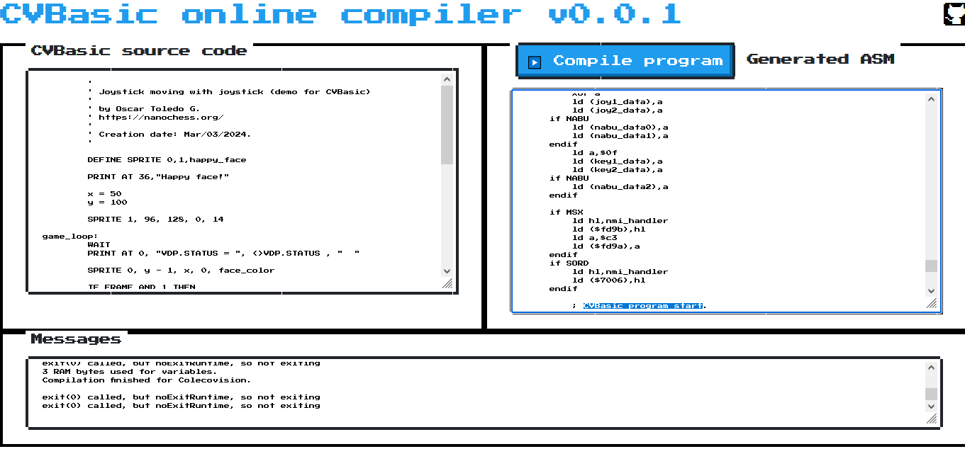 CVBasic online compiler - ColecoVision Programming - AtariAge Forums
