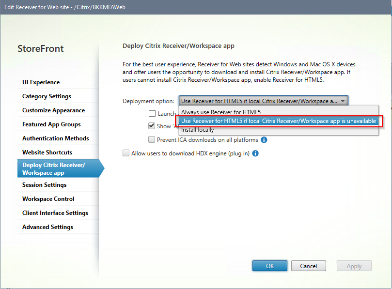Citrix StoreFront 2507 LTSR has no option to use HTML5 if local CWA is ...