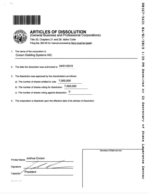 FYI - Corson Distilling permanently Dissolved - General Discussion ...