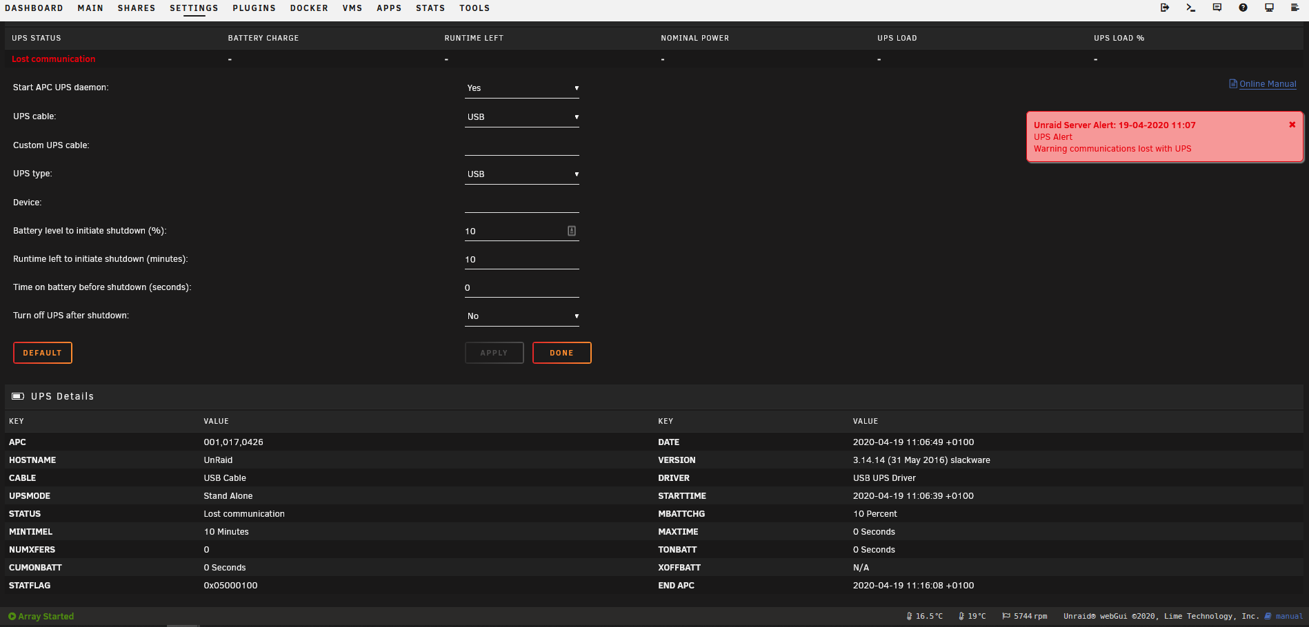 UPS Alert Warning communications lost with UPS - General Support - Unraid