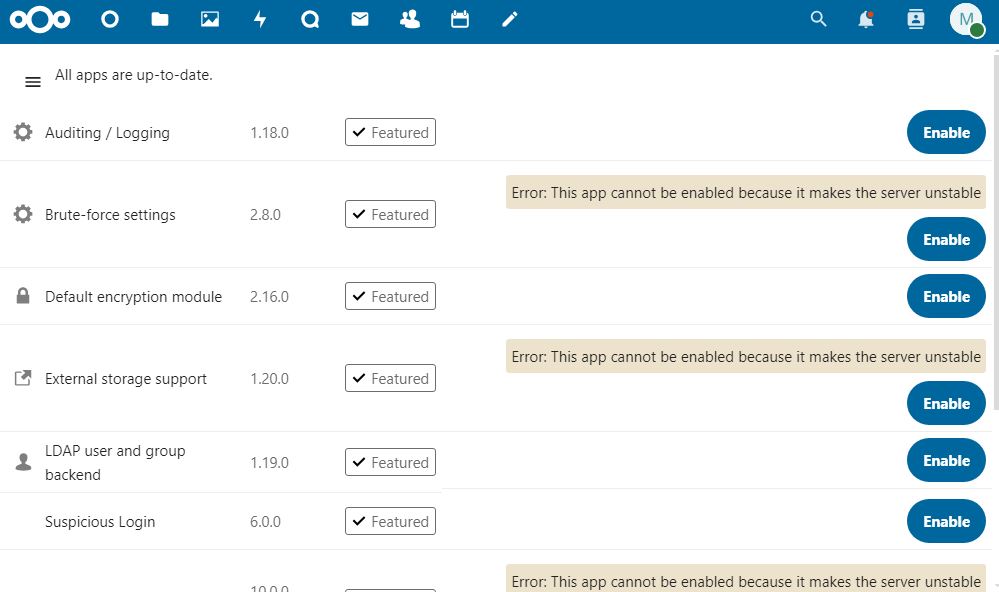 Error when activating apps - server becomes unstable - Stable Releases ...