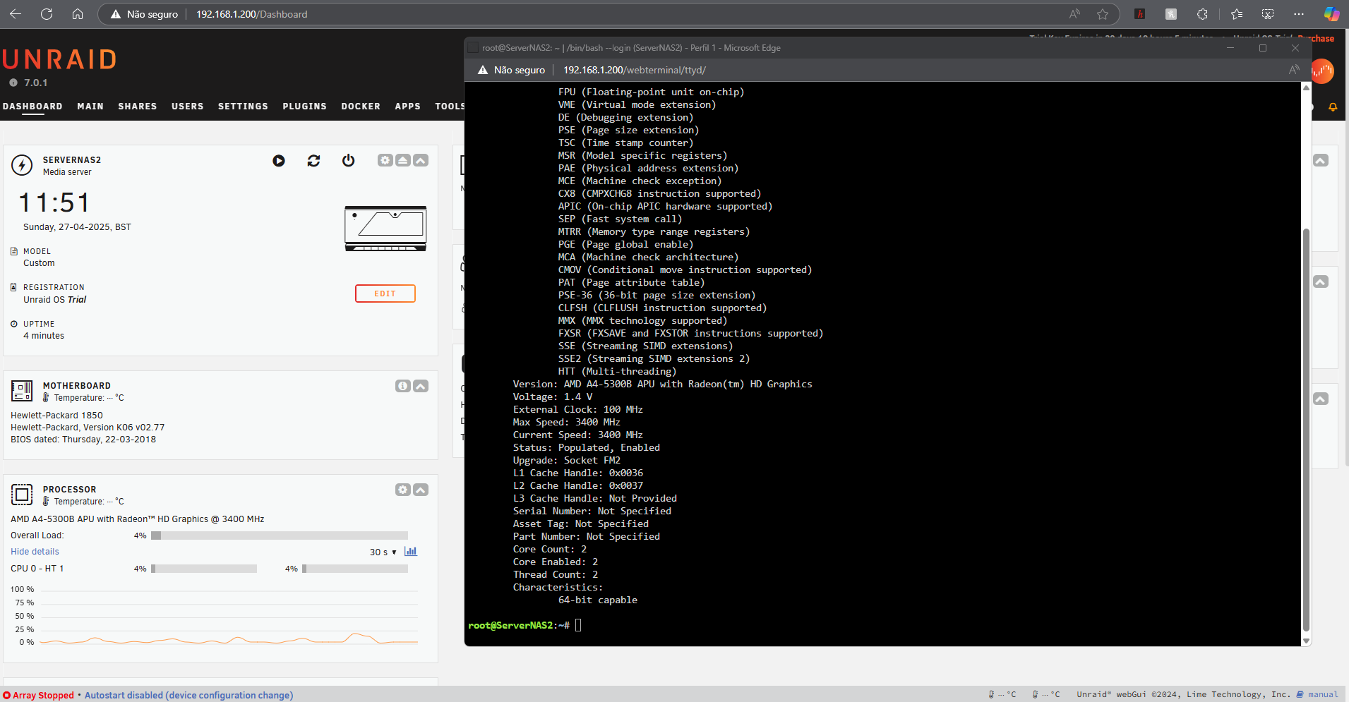 One core with 2 threads and must have 2 cores with 2 threads = 4 ...