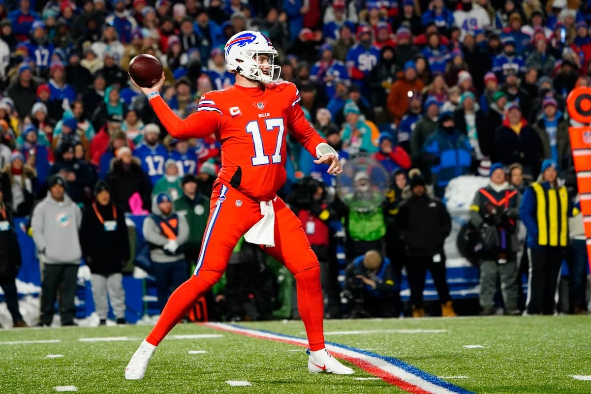 Josh Allen throws the ball against the Dolphins at Highmark Stadium ...
