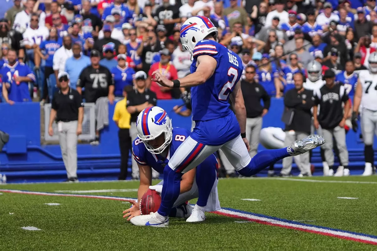 Tyler Bass kicks a FG agaisnt the Raiders during the home opener - 2023 ...