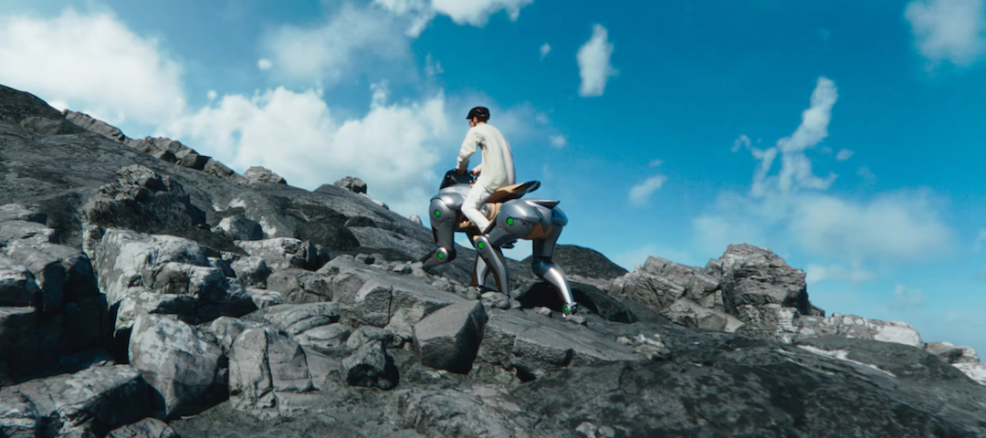 Rideable, hydrogen-powered robot gallops into the scene, traversing ...